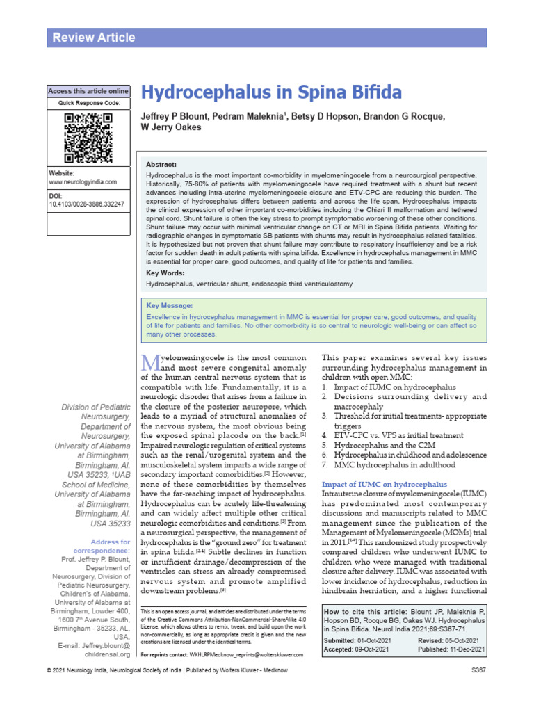 Hydrocephalus in Spina Bifida.18 | PDF