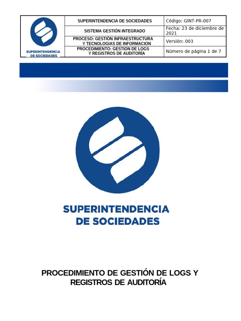 GINT PR 007 - GestionLogsRegistrosAuditoria | PDF