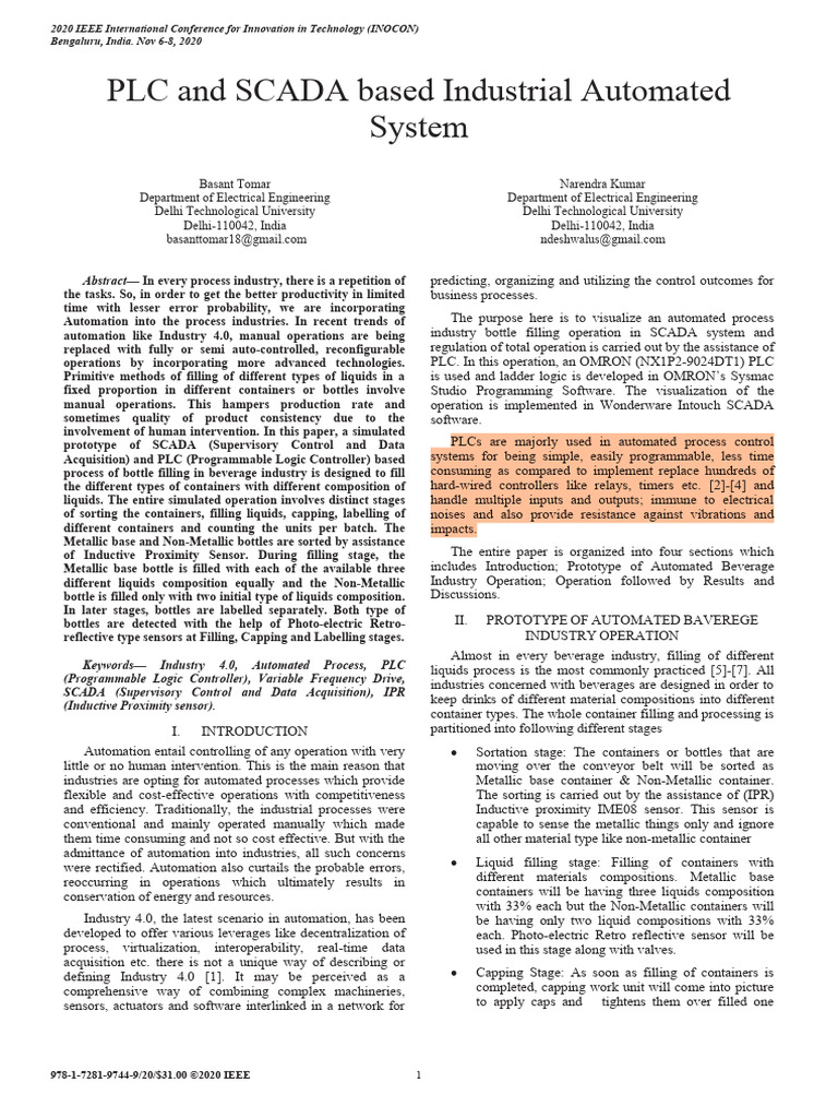 PLC and SCADA Based Industrial Automated System | PDF