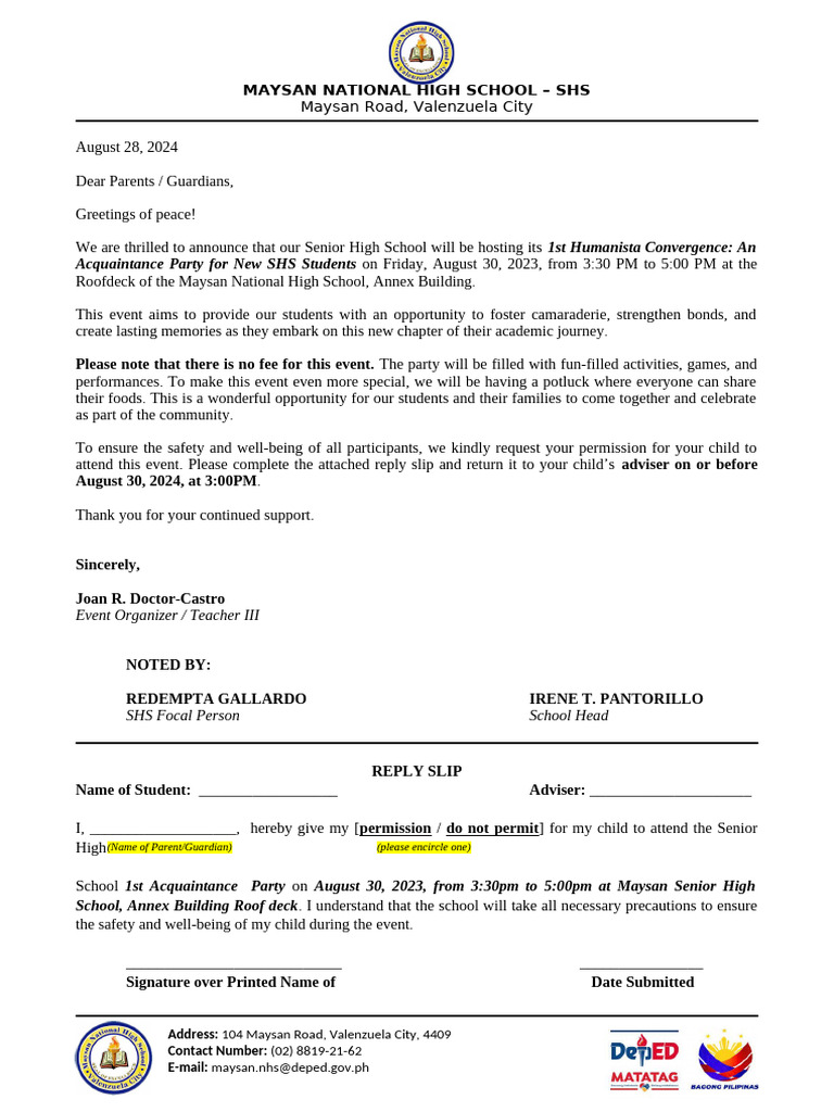 Reply slip for Acquaintance Party | PDF