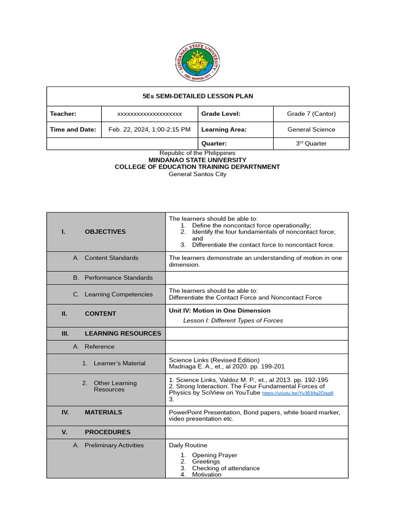 Grade 7 Science Lesson Plan Different Types of Forces | PDF | Force ...