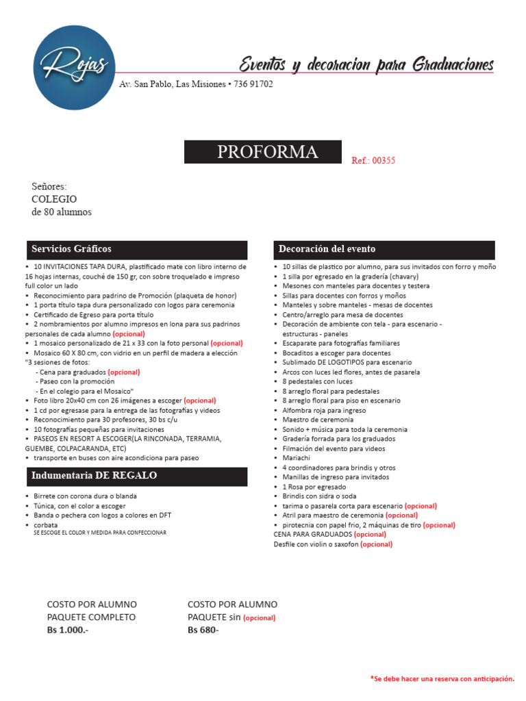 Proforma: Eventos y Decoracion para Graduaciones | PDF