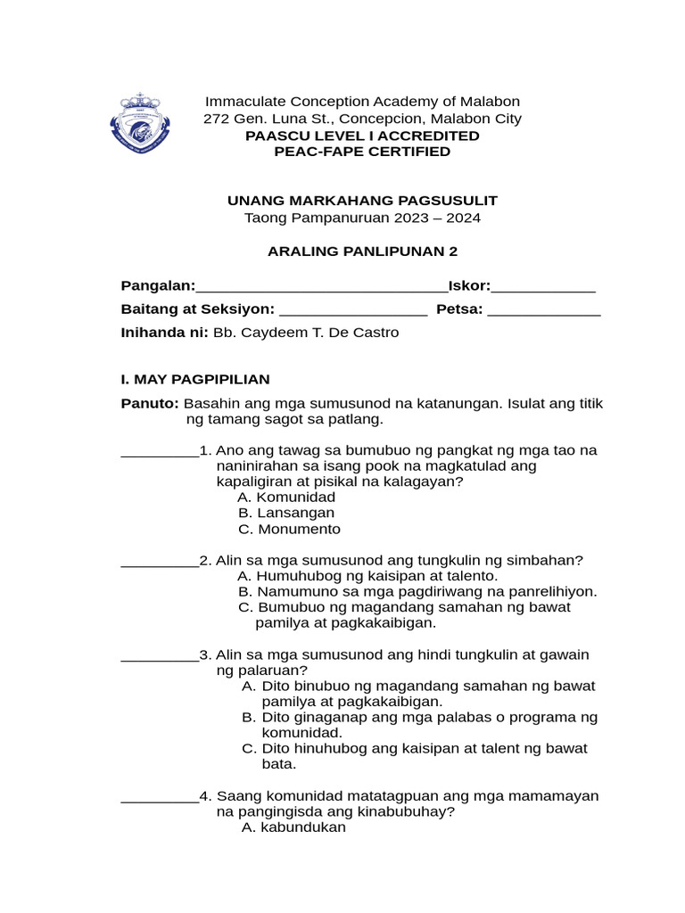 Apan 2 Exam Unang Markahan | PDF