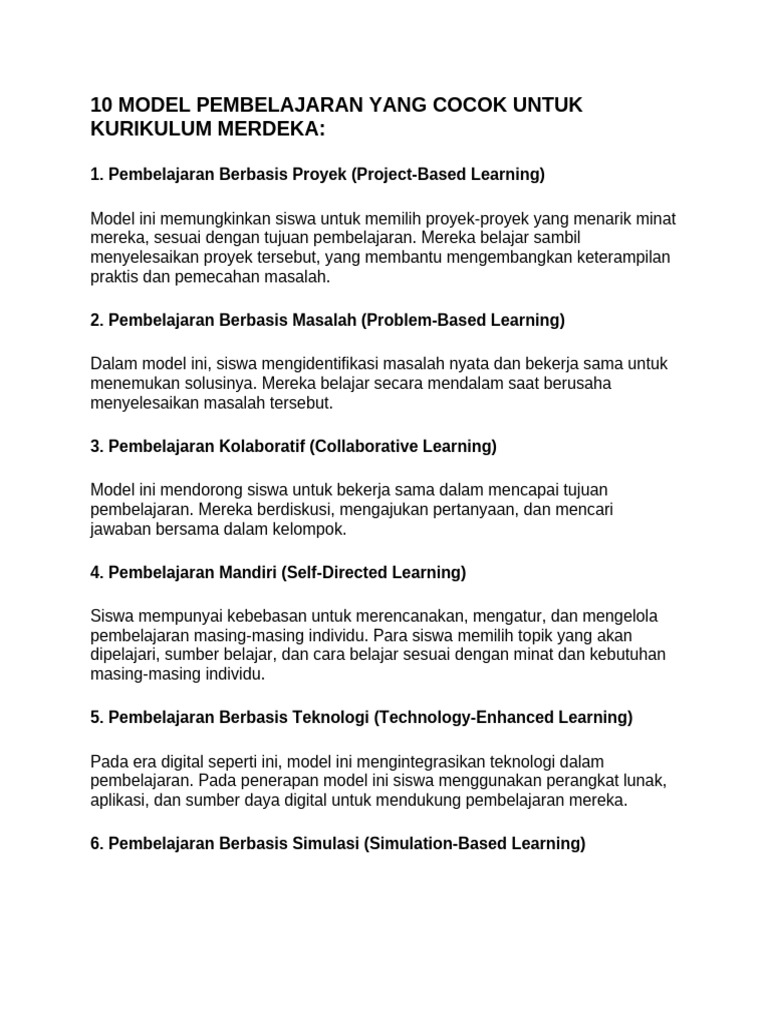 10 Model Pembelajaran Yang Cocok Untuk Kurikulum Merdeka | PDF
