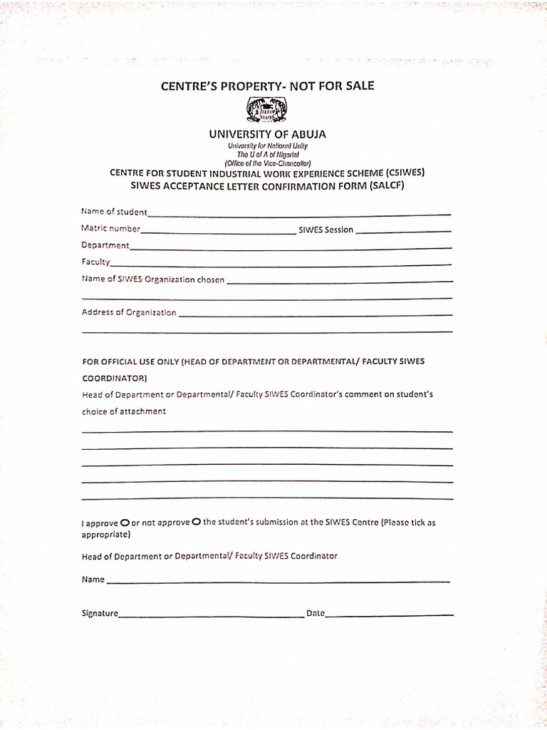 Siwes Acceptance Letter Confirmation Form (Salcf) | PDF