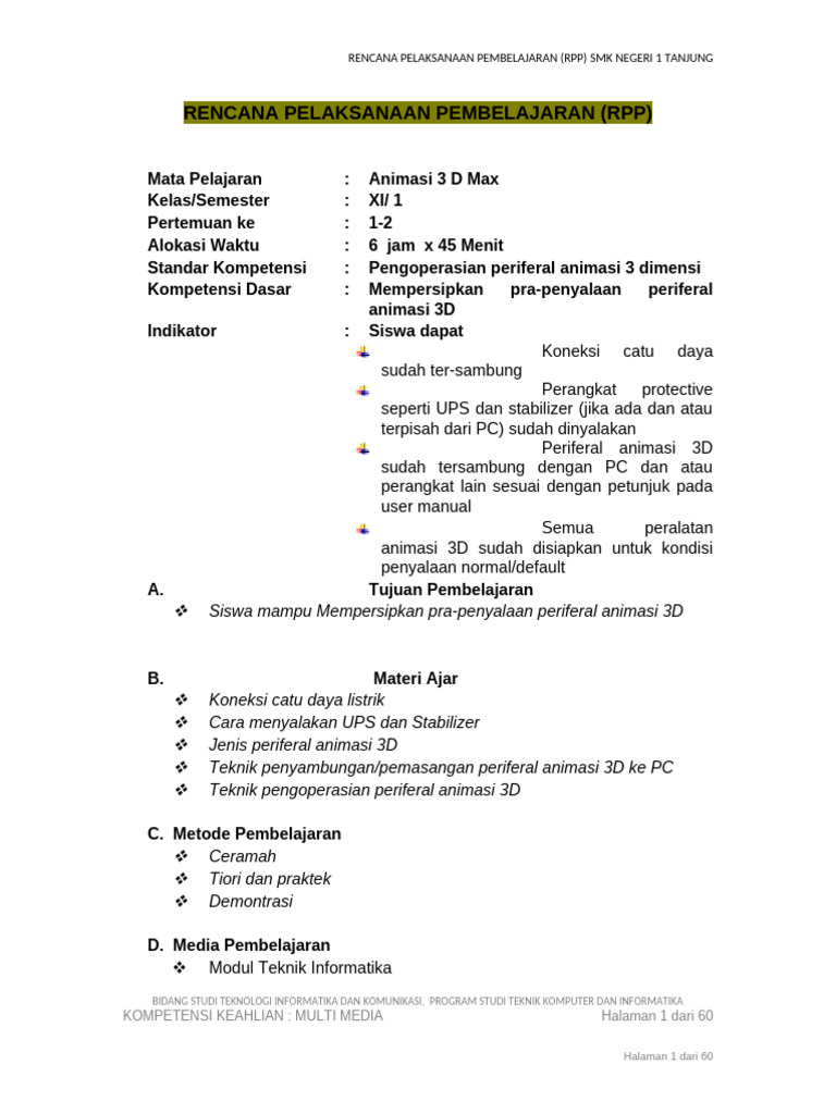 RPP Animasi 3D: Persiapan Periferal | PDF