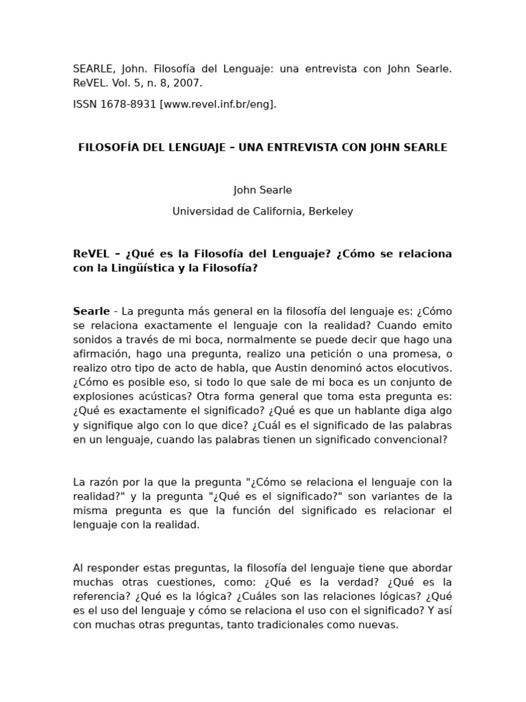 Entrevista a John Searle sobre Lenguaje | PDF | Pensamiento | Filosofía ...