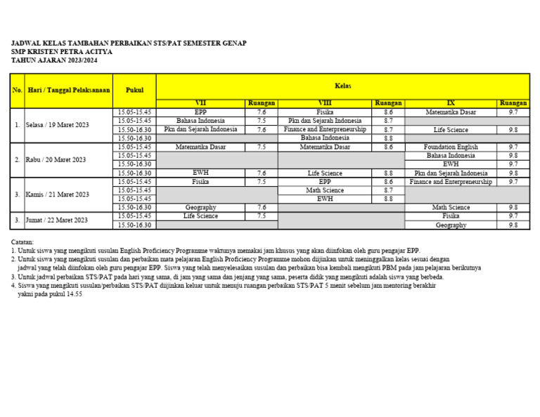 Jadwal Extra Class STS Pat Ta 23 - 24 | PDF