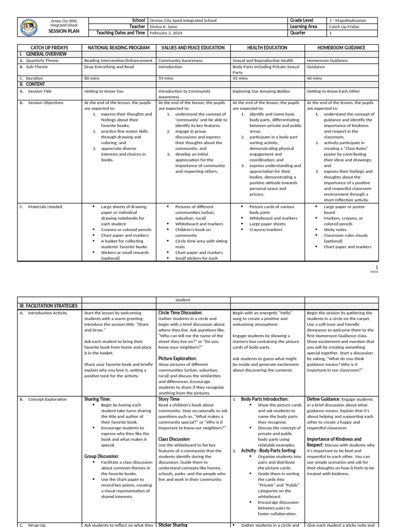Grade 1 CUF Session Plan-Week 1 | PDF