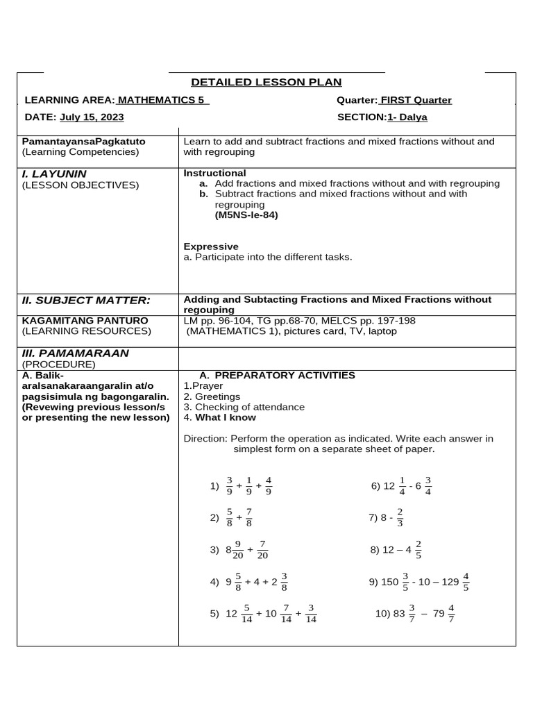 Q1 Math 5 Week 5 Lesson 1 Adding Fractions and Mixed Numbers Without ... Q1 Math 5 Week 5 Lesson 1 Adding Fractions and Mixed Numbers Without ...