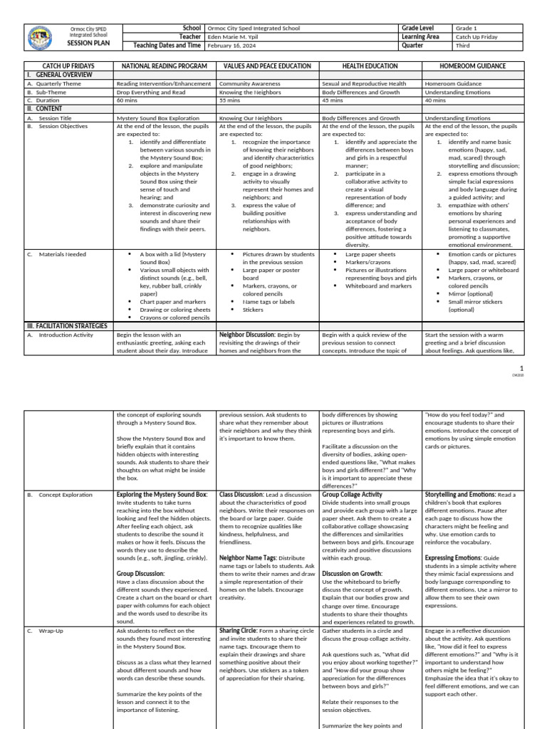 Grade 1 CUF Session Plan-Week 3 | PDF
