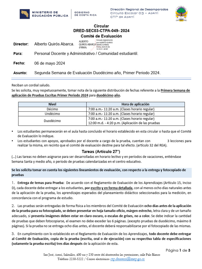CIRCULAR - DRED-SEC03-CTPA-049-2024 Segunda Semana de Evaluación Duodécimo Año, Primer Periodo ...
