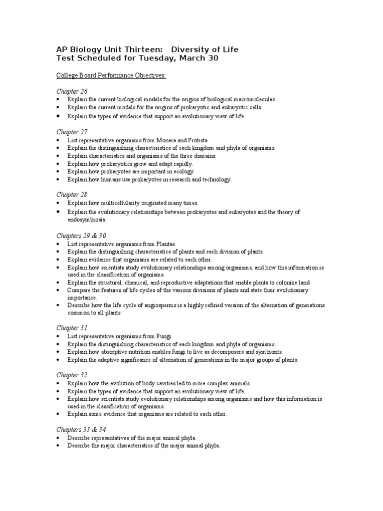 AP Biology Unit 13: Life Diversity Overview | PDF | Organisms | Biology