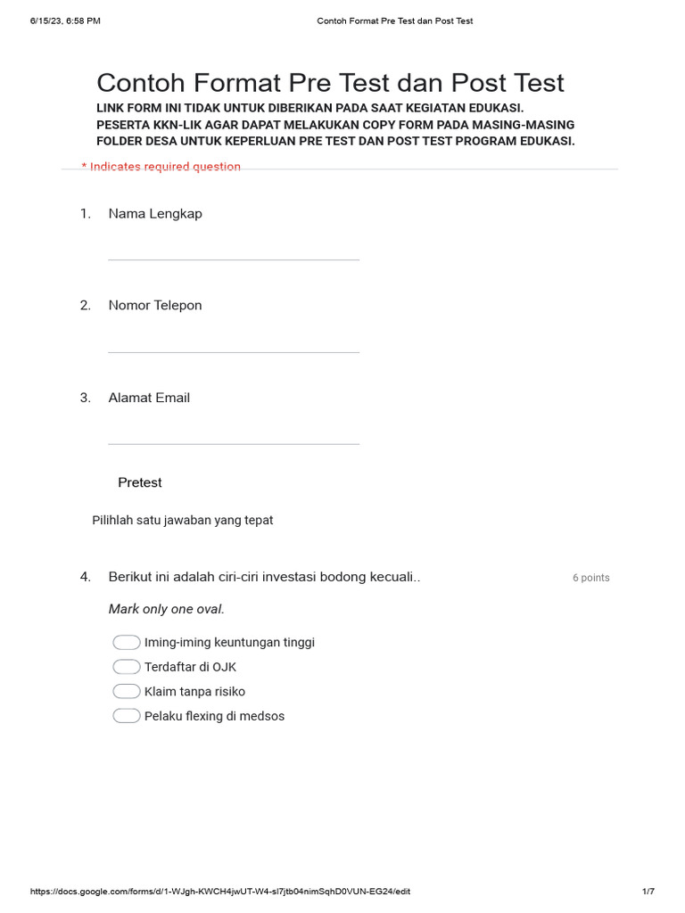 Format Pre Test Dan Post Test | PDF