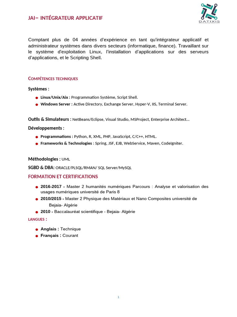 DATIXIS-CV JAI - Intégrateur Applicatif | PDF