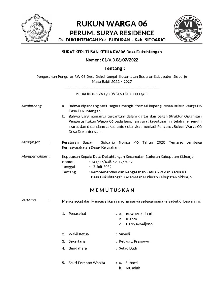SK Pengurus RW 06 Dukuhtengah 2022-2027 | PDF