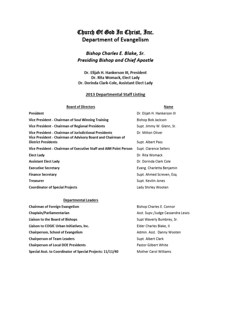 COGIC IDOE 2013 Official Staff Listing | PDF