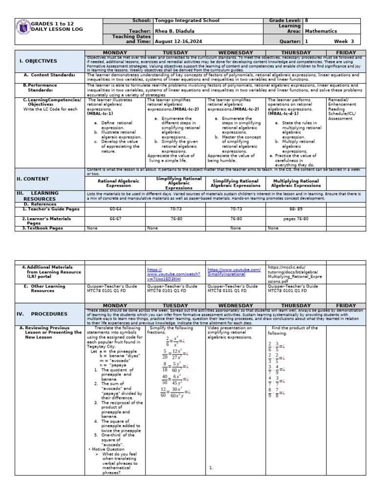 DLL-Math 8 Quarter 1 Week 3 SY 2024-2025 | PDF