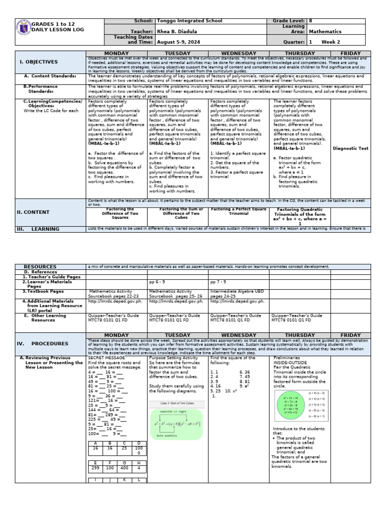 DLL-Math 8 Quarter 1 Week 2 SY 2024-2025 | PDF