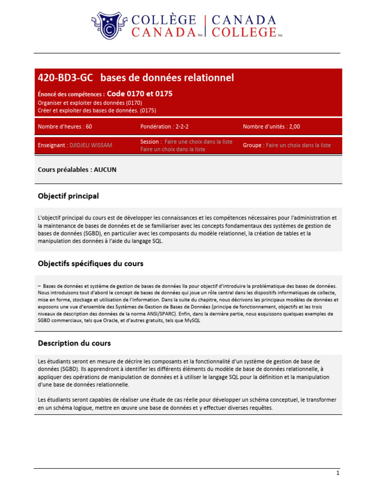 420-BD3-GC - Base de Données Relationnelles | PDF