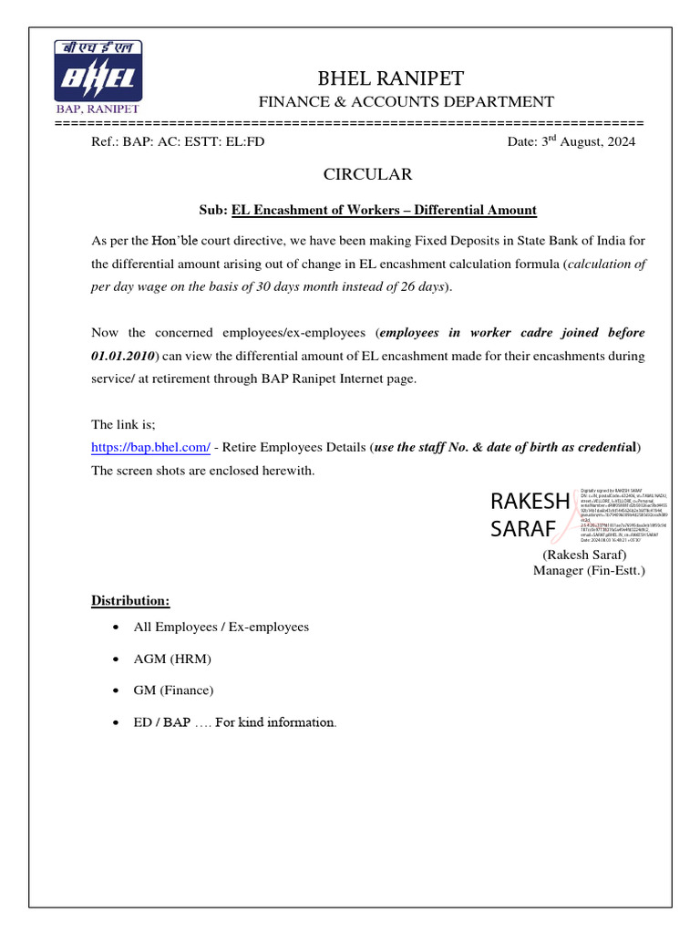 Circular - EL Encashment - Diif. Amount - FD | PDF
