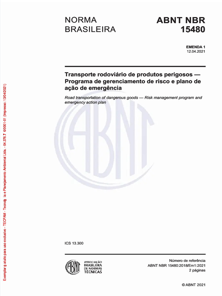 Abnt NBR 15480 Transporte de Produtos Perigosos PGR e Pae Emenda | PDF