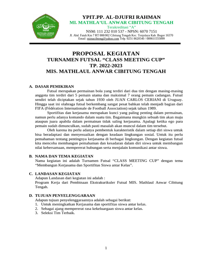 Contoh Proposal Turnamen Futsal Sekolah | PDF