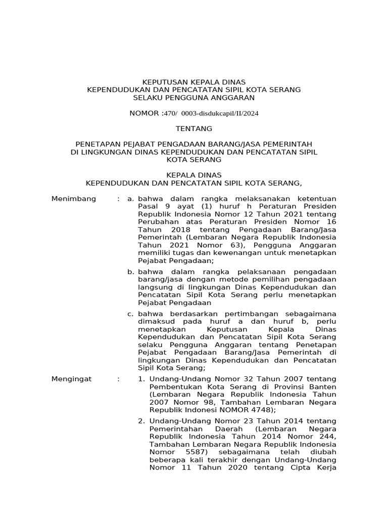 Format SK Penetapan Pejabat Pengadaan | PDF