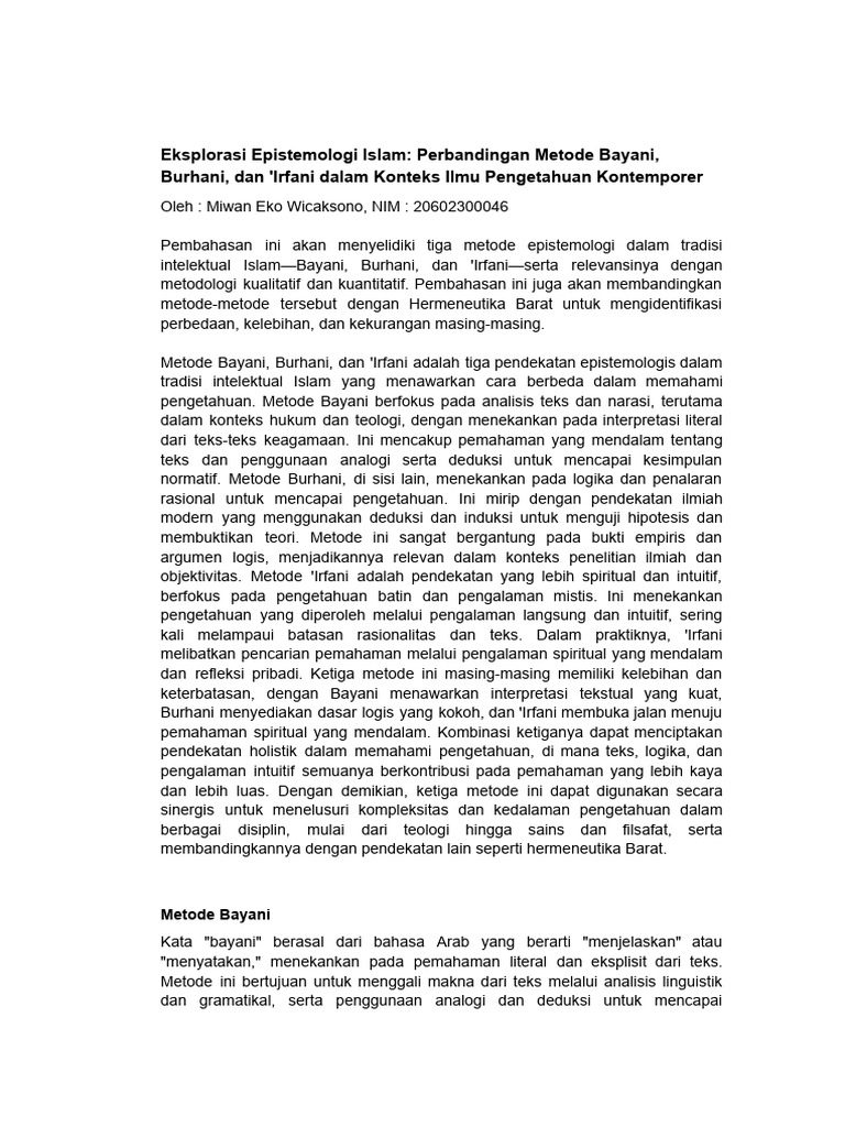 Eksplorasi Epistemologi Islam - Perbandingan Metode Bayani, Burhani, Dan 'Irfani Dalam Konteks ...
