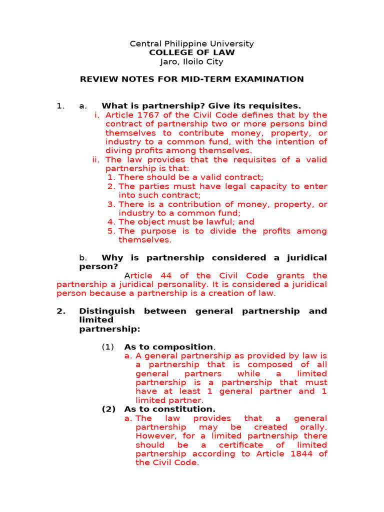 Review Notes Partnership | PDF | Partnership | Limited Partnership