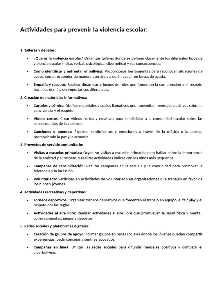 Actividades para prevenir la violencia escolar | PDF