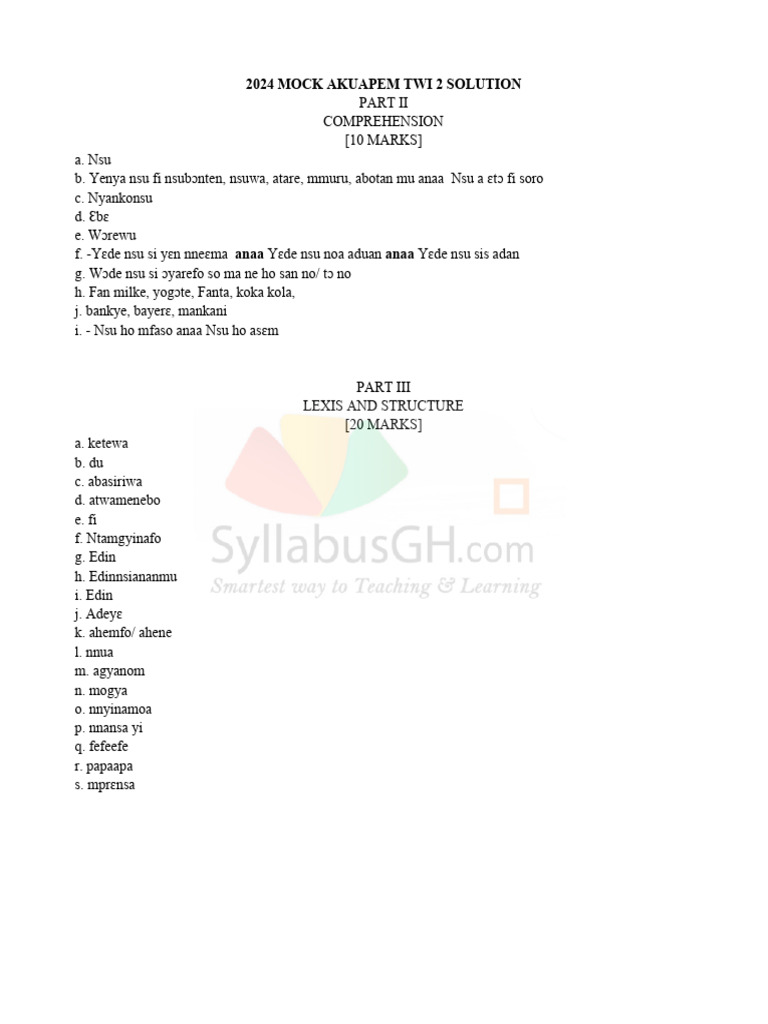 2024 BECE Mock Akuapem Twi 2 Solution | PDF