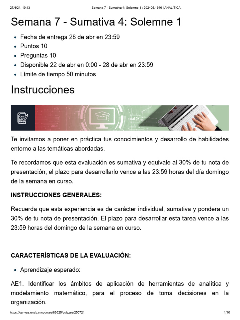 Semana 7 - Sumativa 4 - Solemne 1 - 202405.1646 - ANALÍTICA | PDF