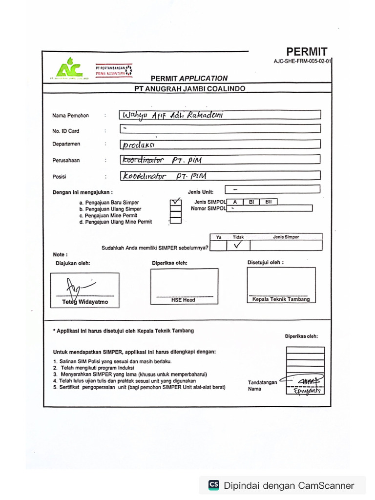 Surat Permohonan MP & SIMPER - Wahyu Afif | PDF