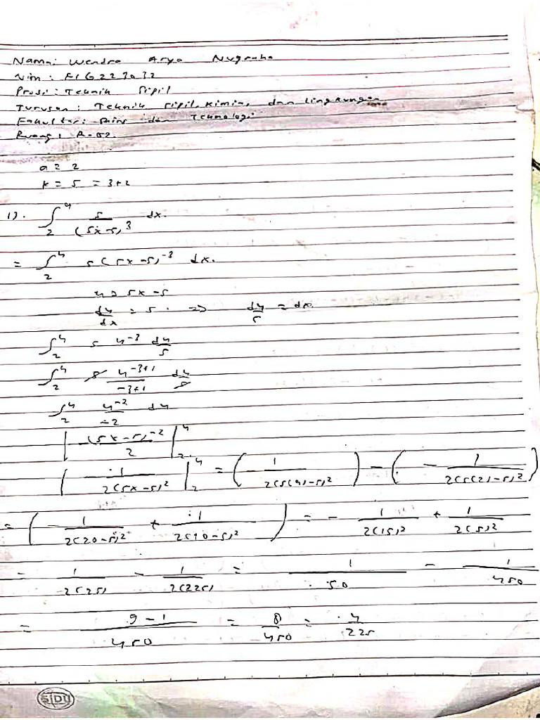 Tugas Matematika Teknik Wendra Arya Nugraha Integral - F1G223032 ...