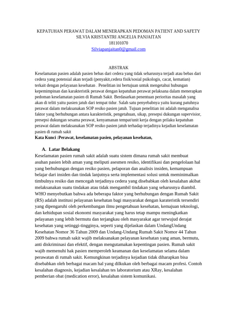 Kepatuhan Perawat Dalam Menerapkan Pedoman Patient and Safety | PDF