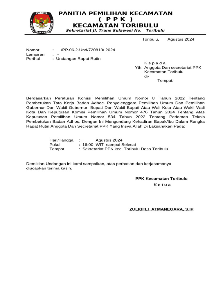 Undangan Rapat Rutin Pilkada | PDF
