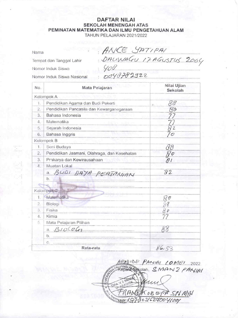 Ance I Transkrip Nilai | PDF