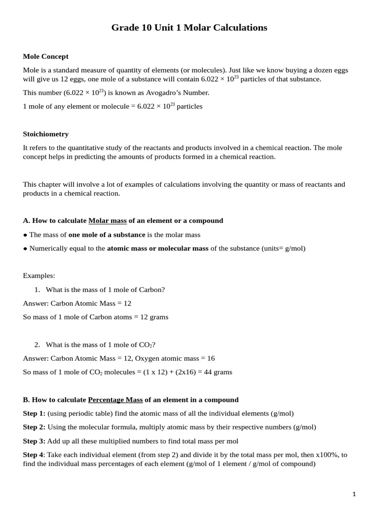 Grade 10 Unit 1 Molar Calculations | PDF