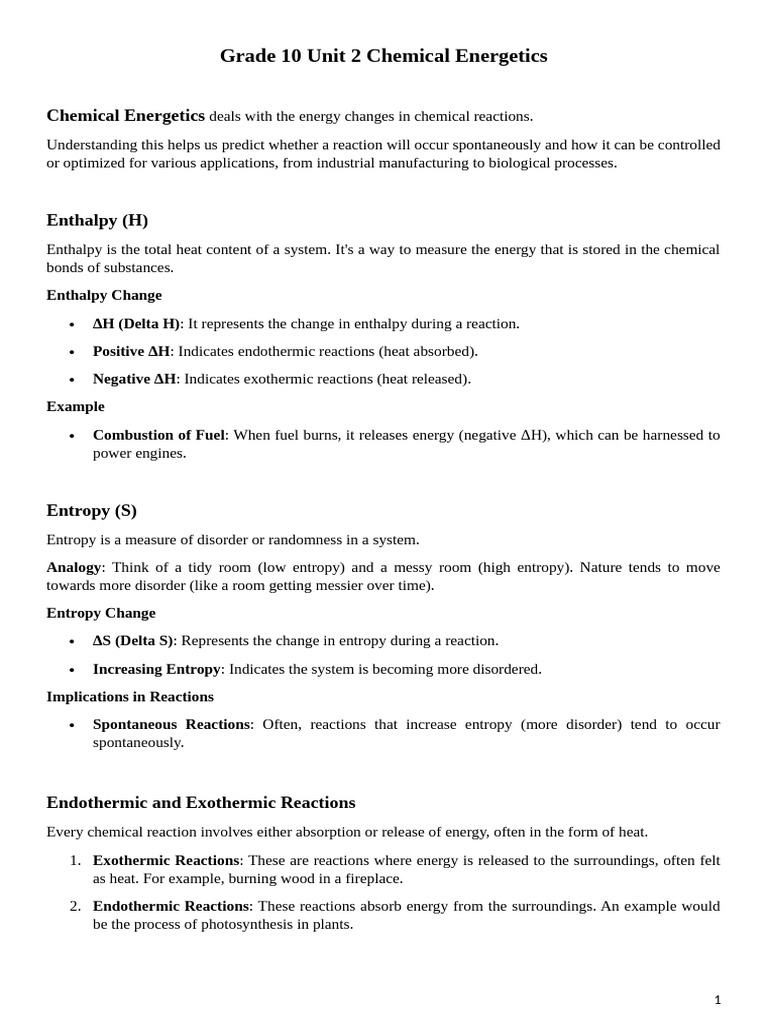 Grade 10 Unit 2 Chemical Energetics | PDF