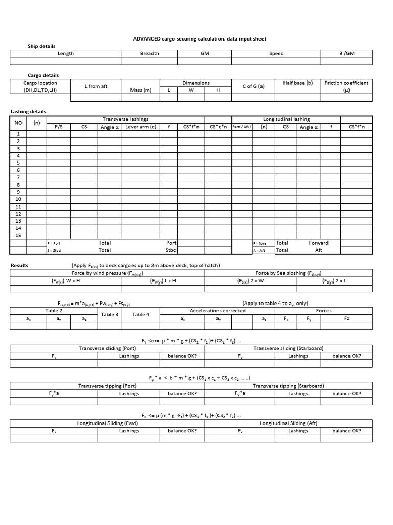 Advanced Cargo Securing Calculation Sheet Blank | PDF