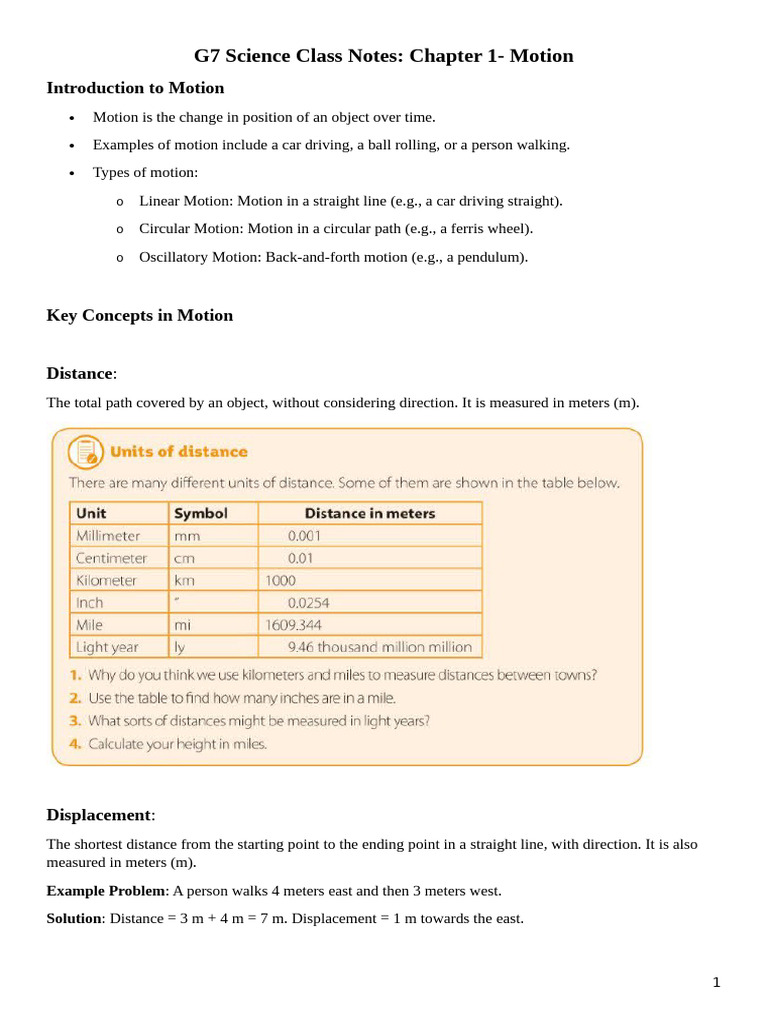 G7 Science Class Notes Chapter 1 Motion | PDF