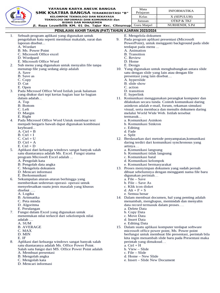 Soal PAT SIMDIG Kelas 10-2024 | PDF