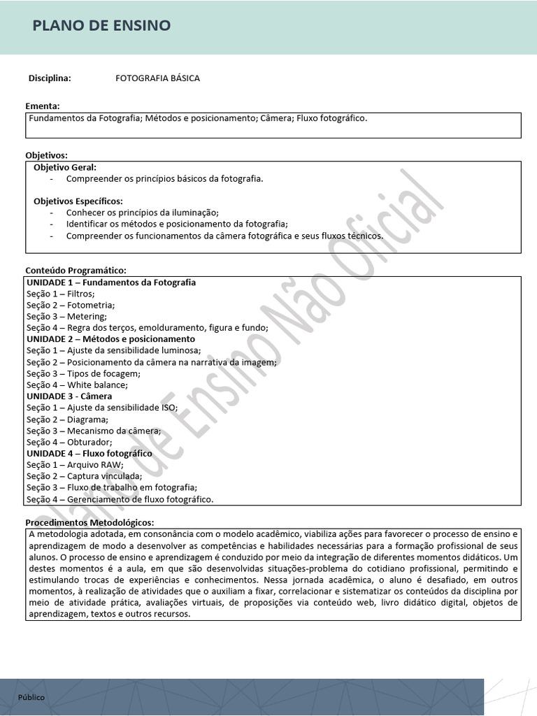 Plano de Ensino: Disciplina: Ementa | PDF