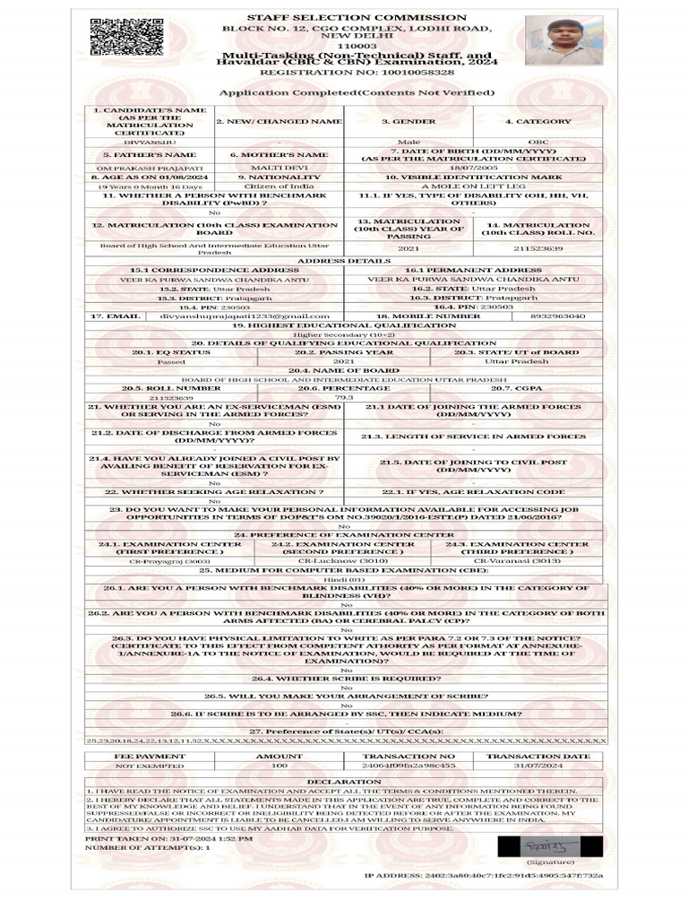 Divyanshu SSC MTS Application Form 2024 | PDF