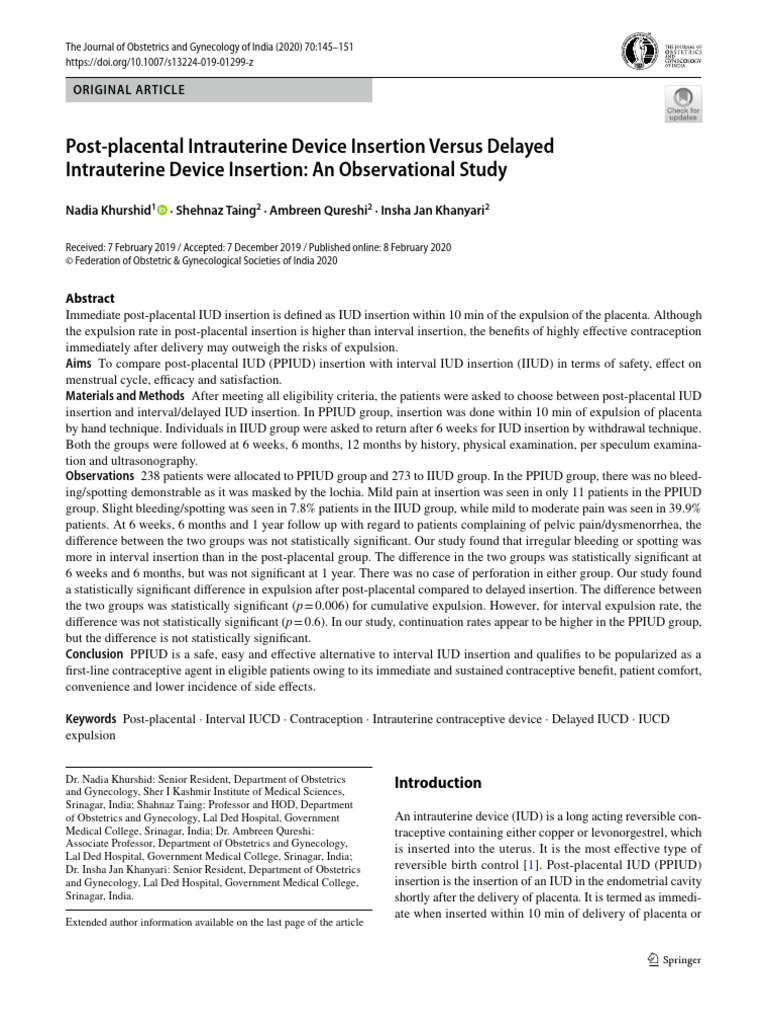 1 Post Placental Intrauterine Device Insertion Versus Delayed