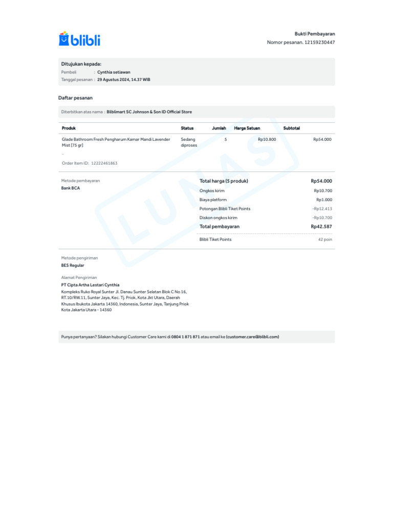 Bukti Pembayaran Nomor Pesanan. 12159230447: Produk Status Jumlah Harga Satuan Subtotal | PDF