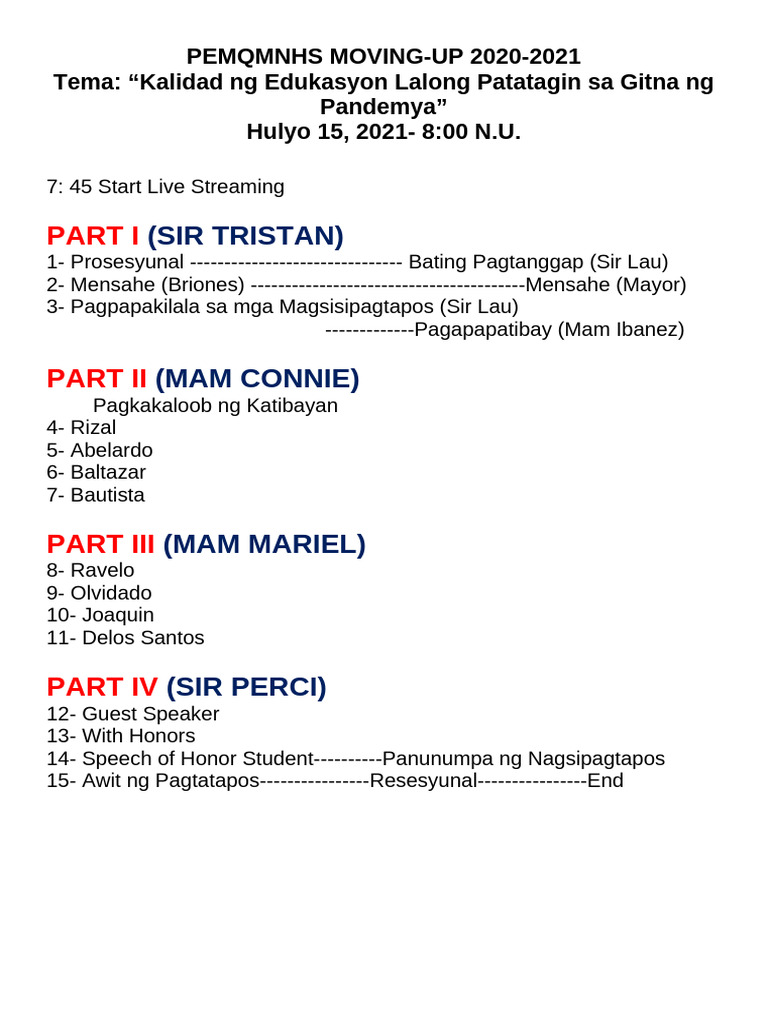 Pemqmnhs Moving Up Flow of Program | PDF