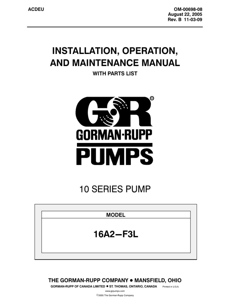 Gorman-Rupp Pumps - 10-Series Pump 16A2-F3L - Rev B - 2005 - Manual | PDF