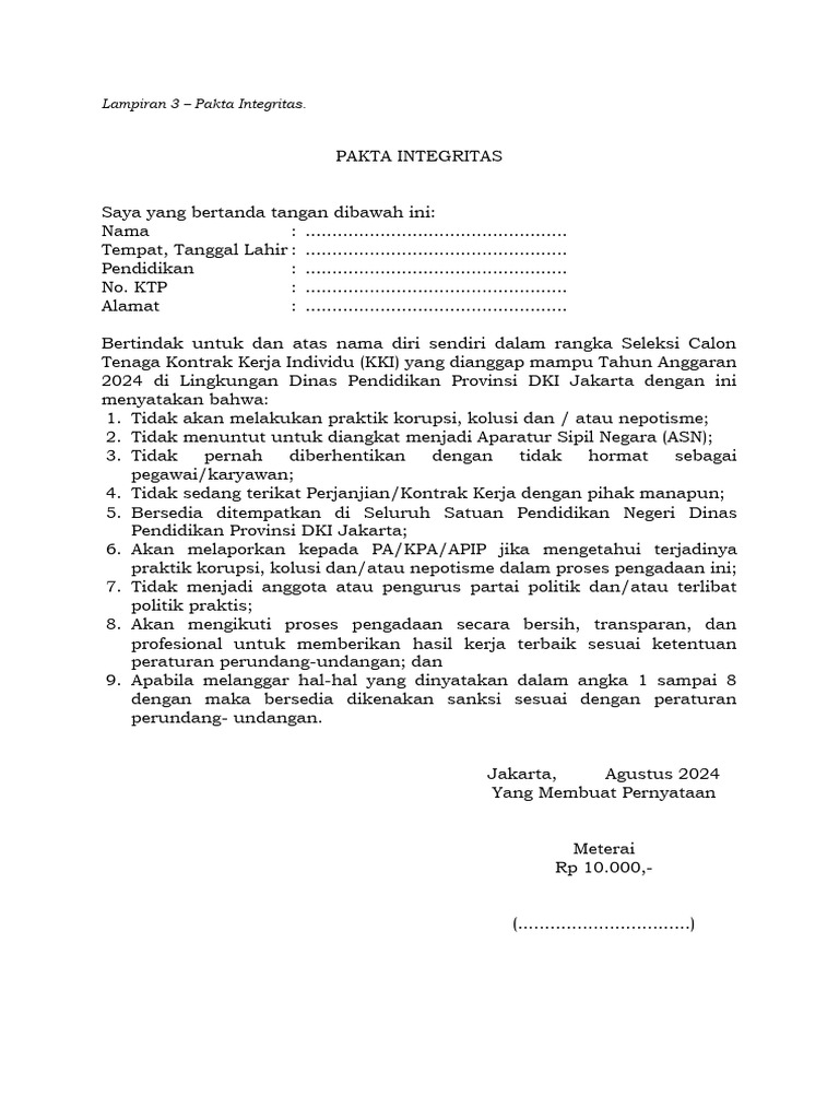 Berkas Umum - SLB - Lampiran 3 - Pakta Integritas | PDF